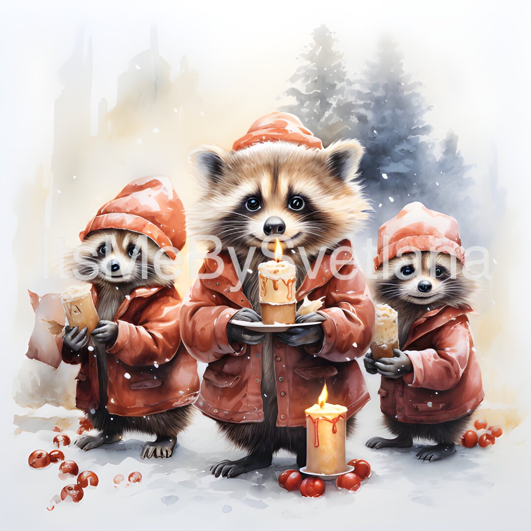 Christmas Baby Raccoon Clipart, 24 JPG Watercolor Files, Digital ...