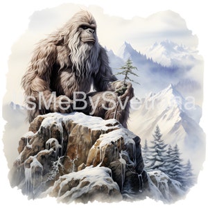 Bigfoot Watercolor Clipart, Fantasy Bigfoot in Mountains Print, Book ...