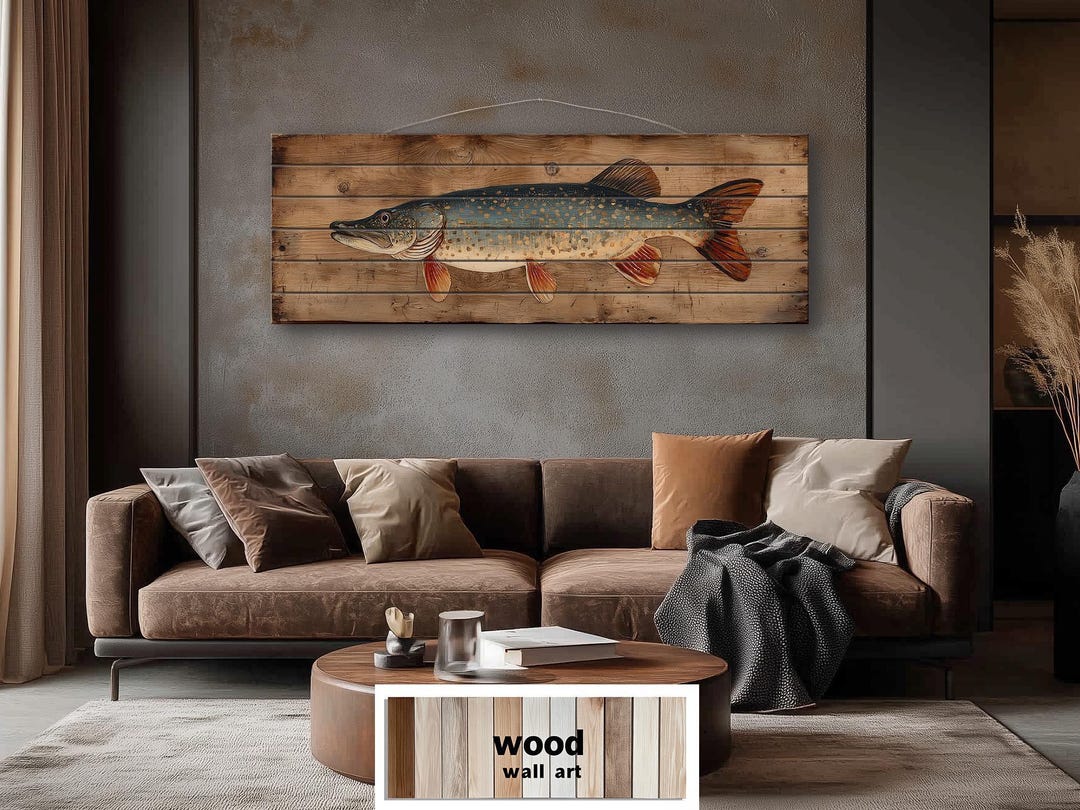 Northern Pike Distressed Wood Wall Art, Rustic Fishing Cabin Print on ...