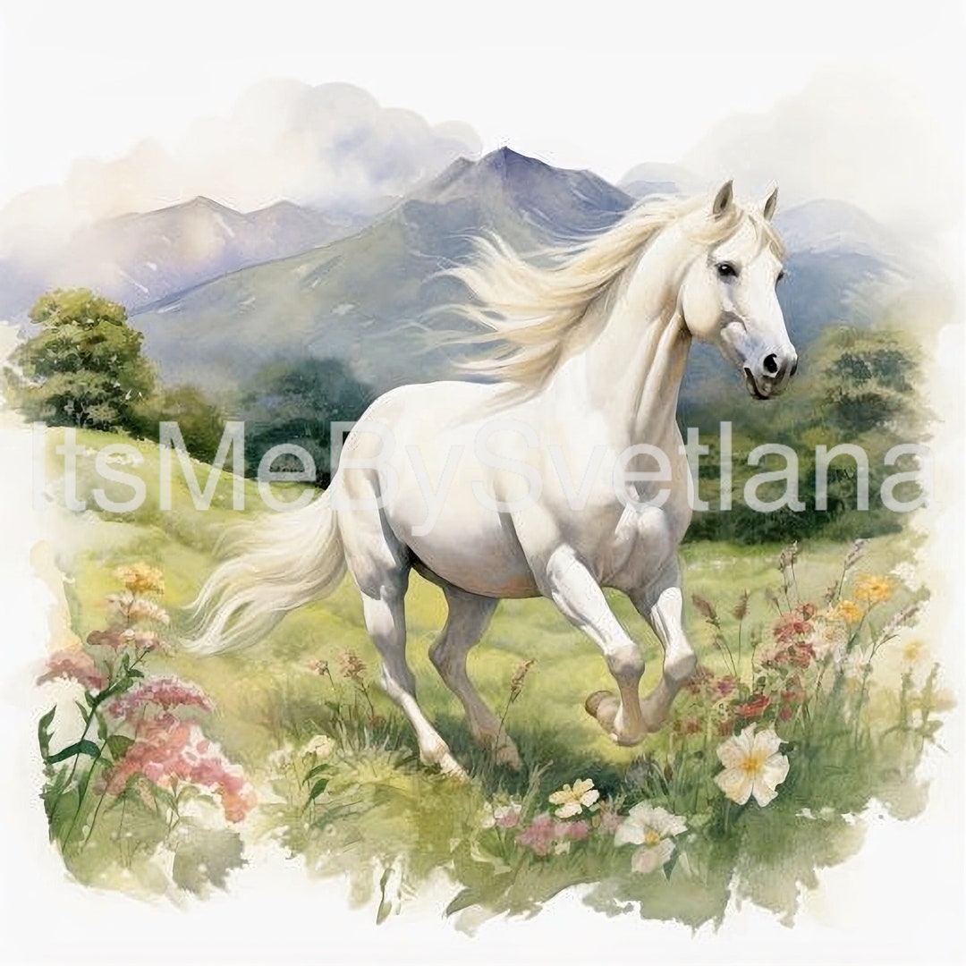 White Horse Watercolor Clipart, Horse in a Field Watercolor Painting ...