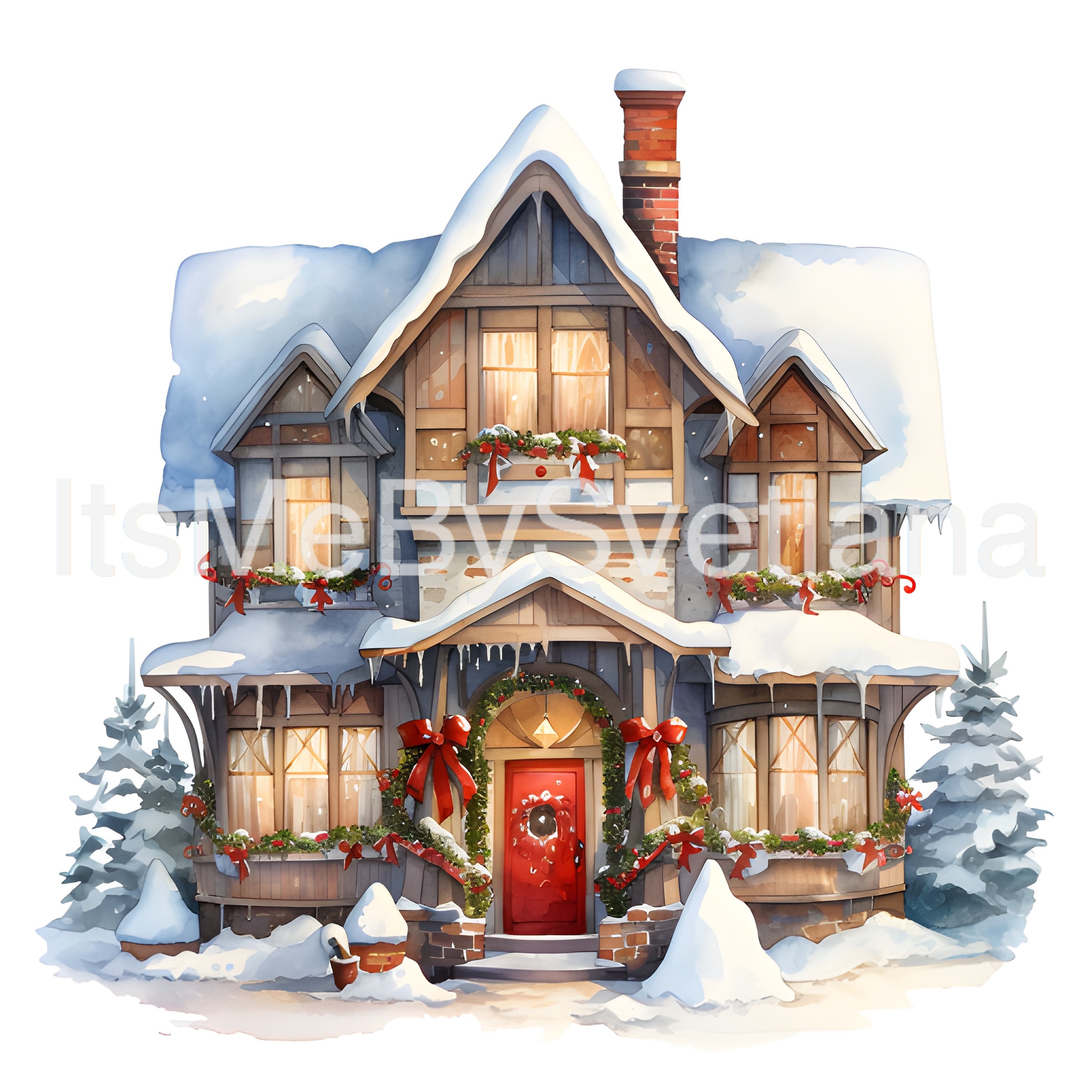 Santa Claus House Watercolor Clipart Winter Santa's House - Etsy