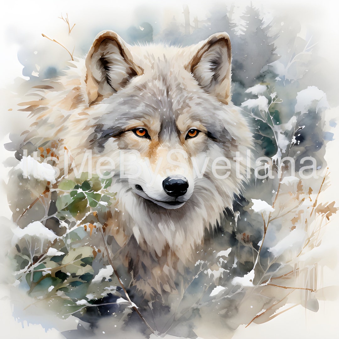 Grey Wolf Watercolor Clipart, Wolf in Winter Forest Print, Book ...