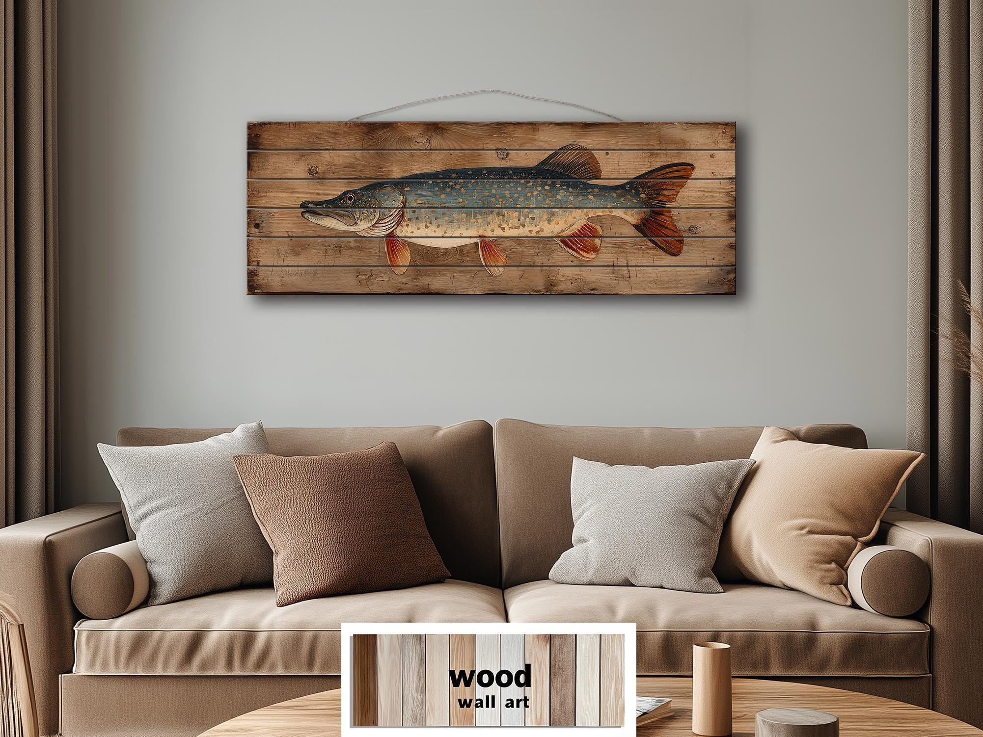 Northern Pike Distressed Wood Wall Art, Rustic Fishing Cabin Print on ...