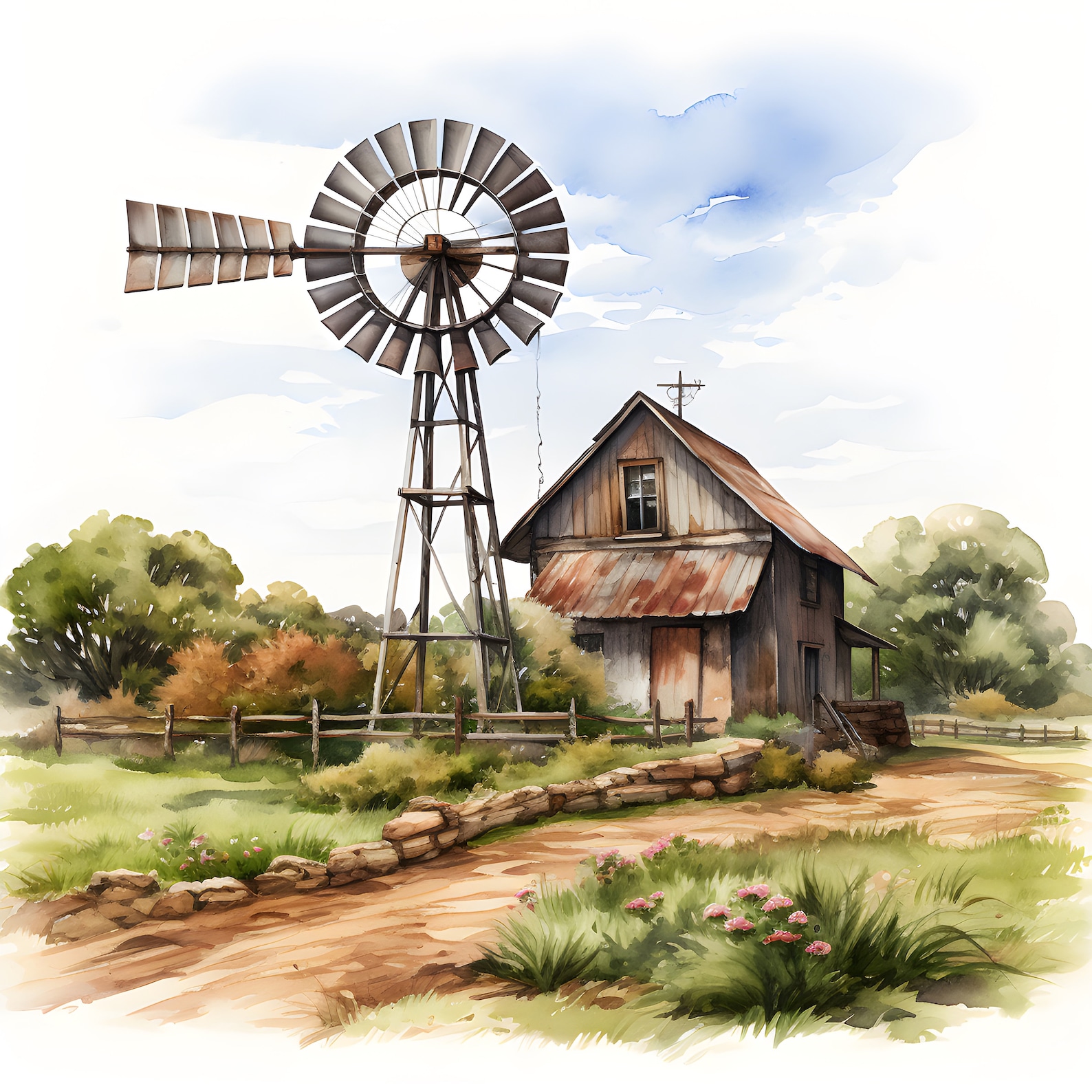 Rustic Barn and Windmill Watercolor Clipart, Old Windmill Wall Art ...