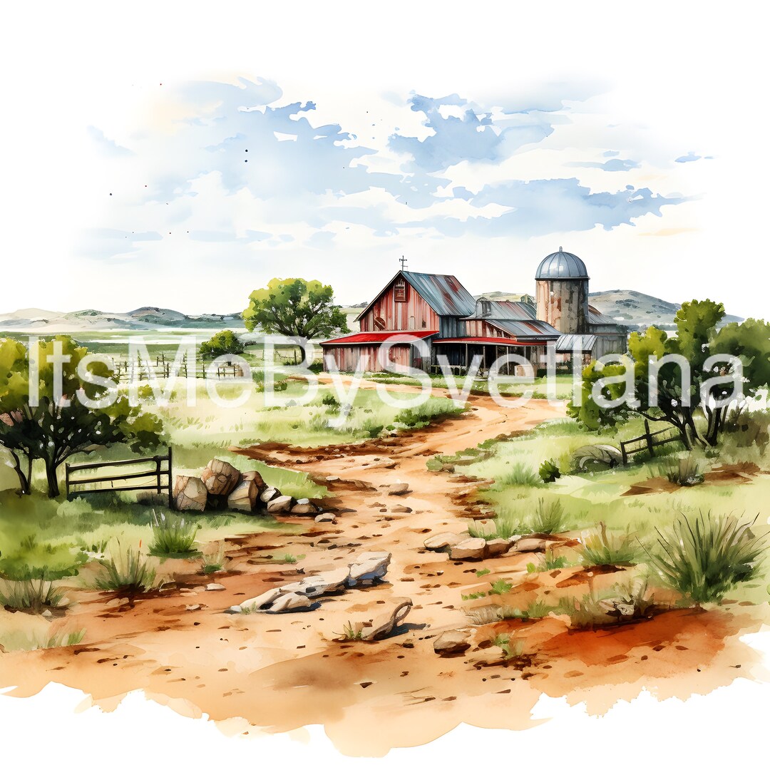 18 Texas Landscape Watercolor Clipart, Summer Texas Landscape Print ...