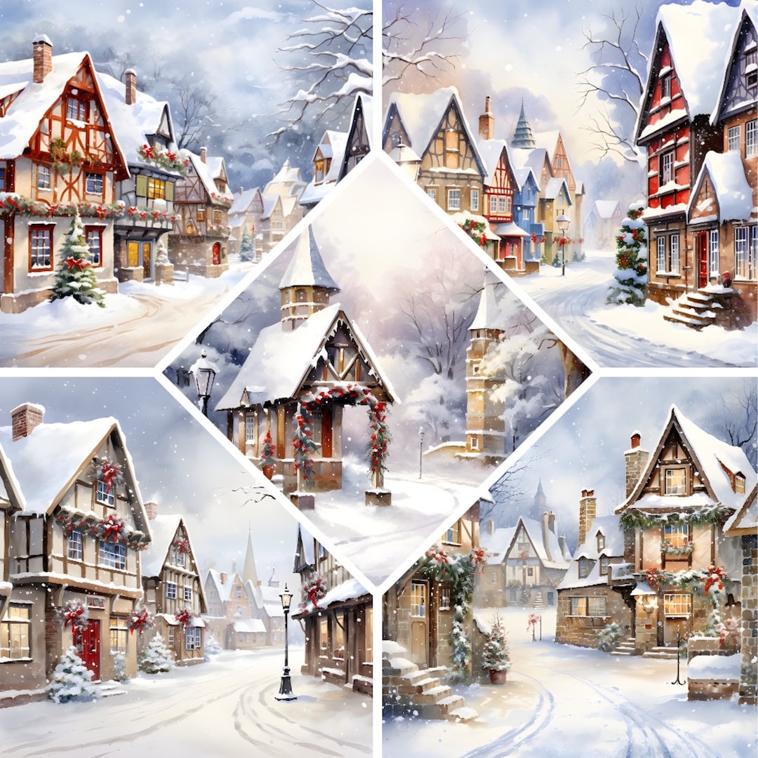 Winter Village Clipart, Watercolor Christmas Village, Christmas Scene ...