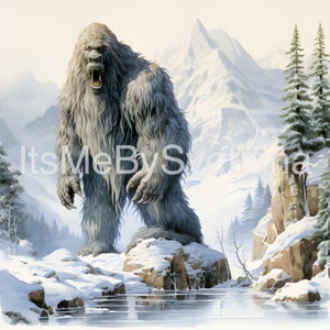 Bigfoot Watercolor Clipart, Fantasy Bigfoot in Mountains Print, Book ...