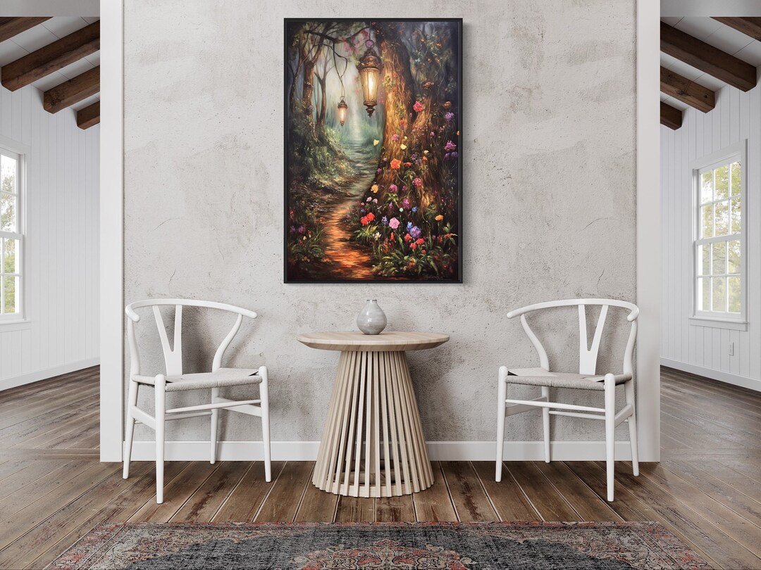 Enchanted Forest With Flowers and Magical Lights Fantasy Wall Art Oil ...