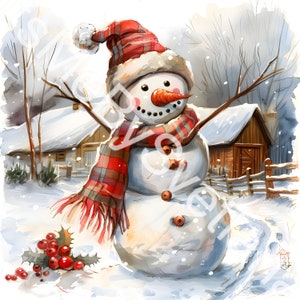 Christmas Watercolor Clipart. Winter Snowman, Christmas Scene 12 Jpgs ...