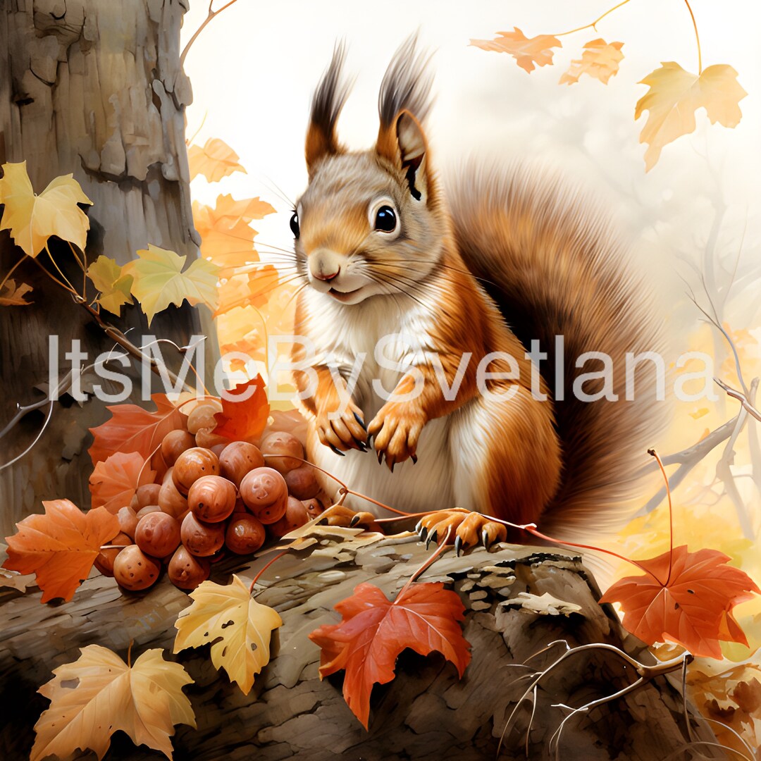 Cute Little Squirrel Clipart, Autumn Scene Watercolor Clipart, High ...