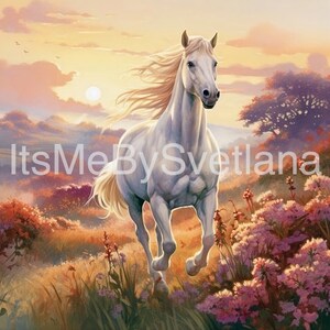 White Horse Watercolor Clipart, Horse in a Field Watercolor Painting ...