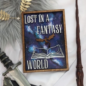 Lost in a Fantasy World Dragon Wooden Bookshelf Sign - Handpainted ...