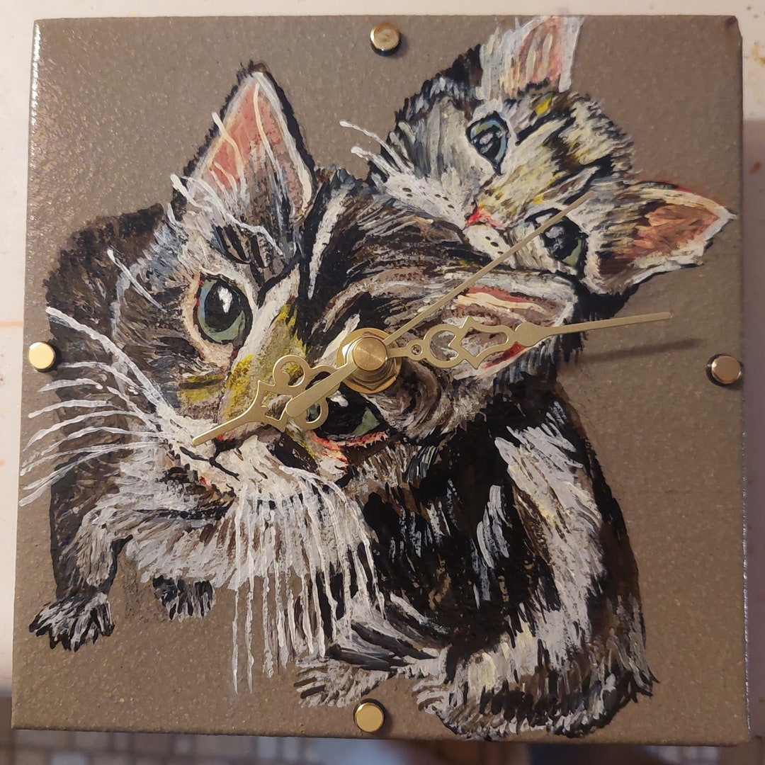 Charming Hand-painted Tabby Kitten Tile Clock Eco-friendly, Upcycled ...
