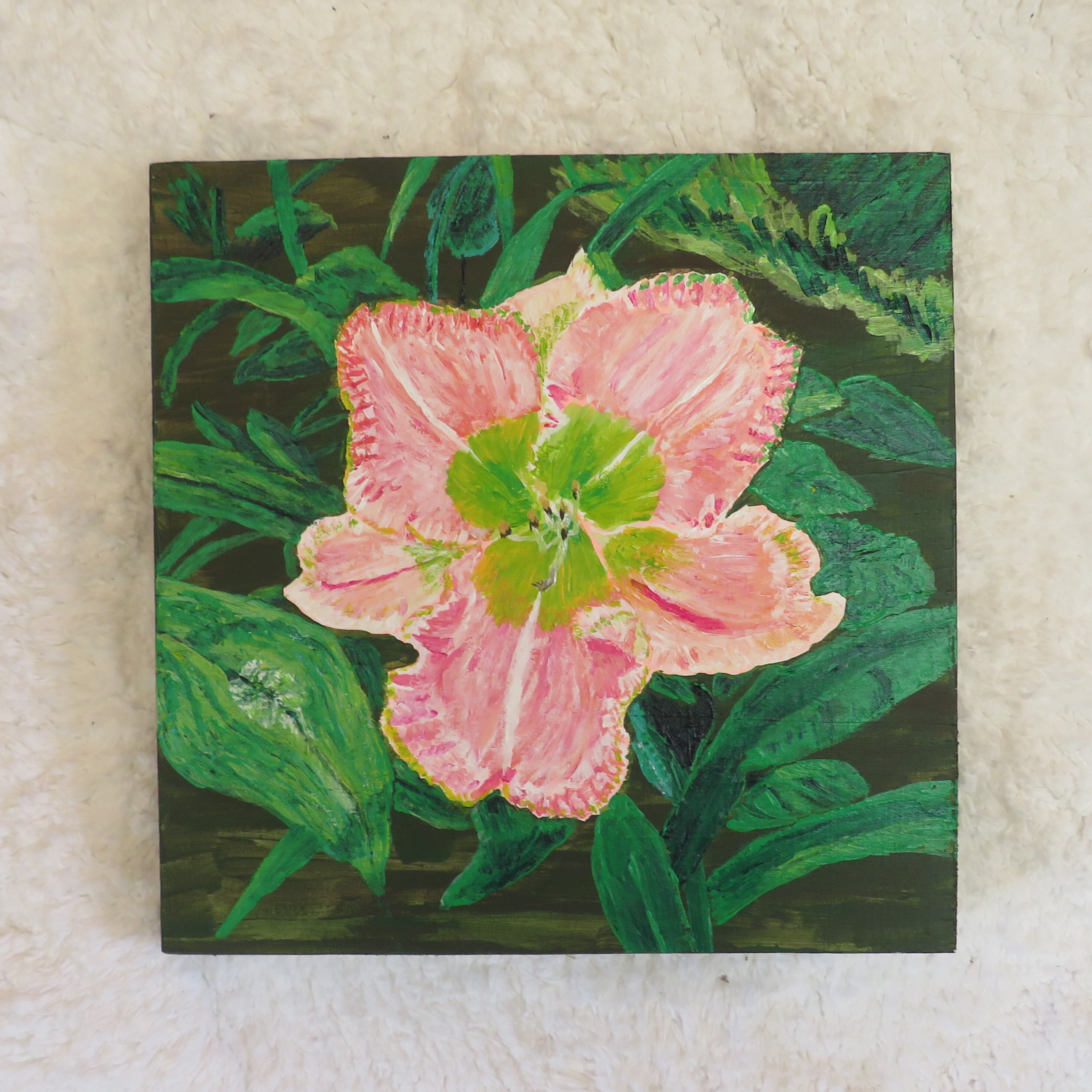 Hand-painted Daylily Artwork Pink Ruffled Flower Painting on Wood Panel ...