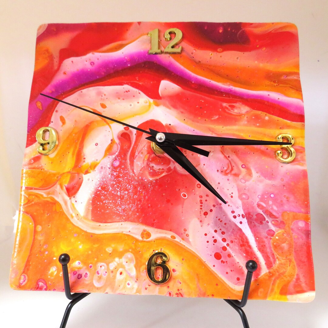 Arizona Sunset Hand-painted Pour Paint Tile Clock - Recycled Habitat ...