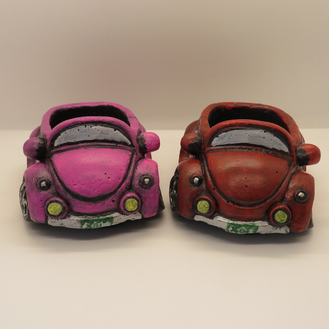 Handcrafted Pink Love Bug Car Planter, Cement Succulent Pot, Unique ...