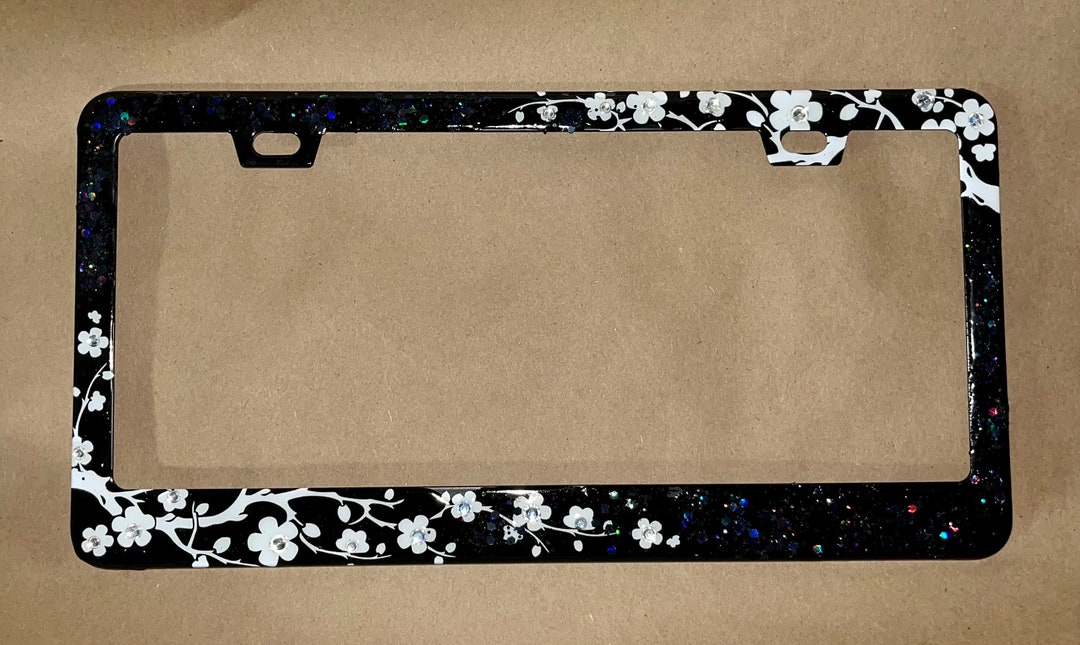 Bling Black and White Cherry Blossom License Plate Frame Cute Bling ...