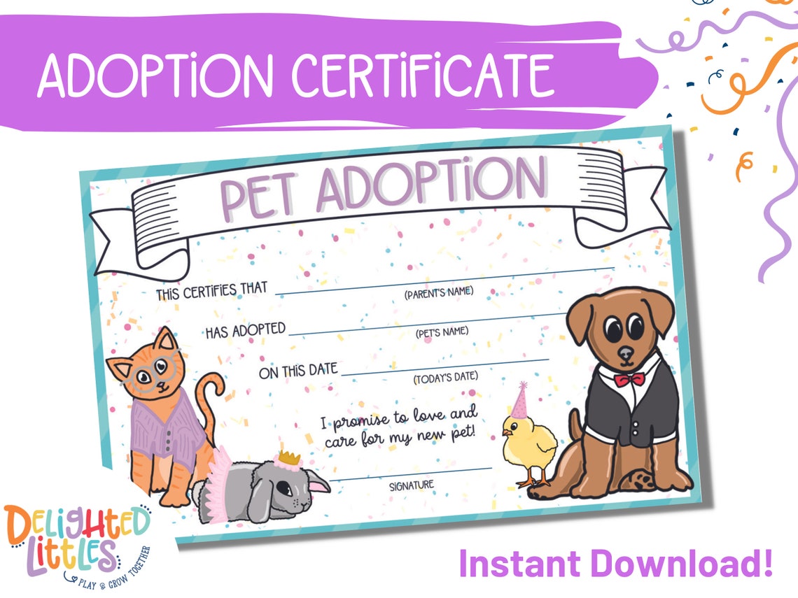 Pet Adoption Certificate, Pet Adoption Pretend Play, Pet Adoption Party ...