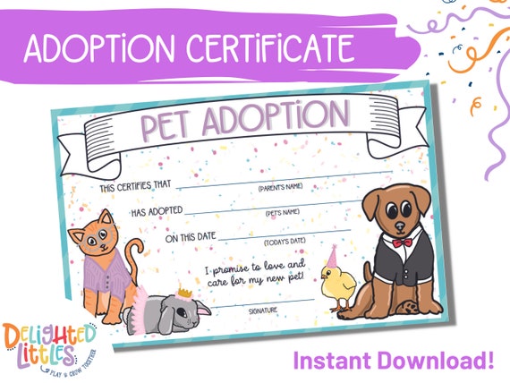 Pet Adoption Certificate Pet Adoption Pretend Play Pet - Etsy