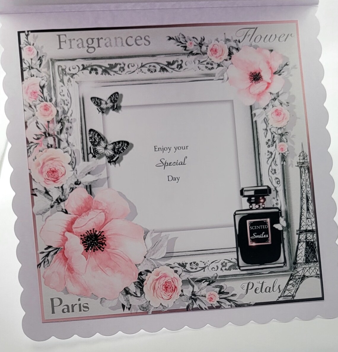 Happy Birthday Card, Elegant Perfume Bottle, Pink Flowers, Glitter ...