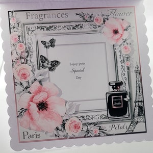 Happy Birthday Card, Elegant Perfume Bottle, Pink Flowers, Glitter ...