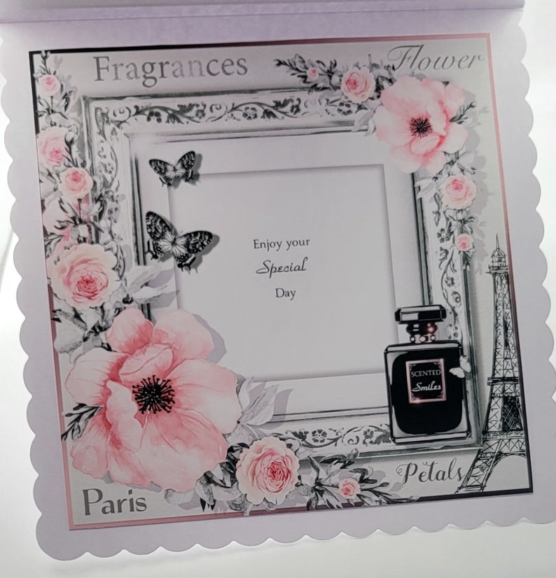 Happy Birthday Card, Elegant Perfume Bottle, Pink Flowers, Glitter ...