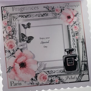 Happy Birthday Card, Elegant Perfume Bottle, Pink Flowers, Glitter ...