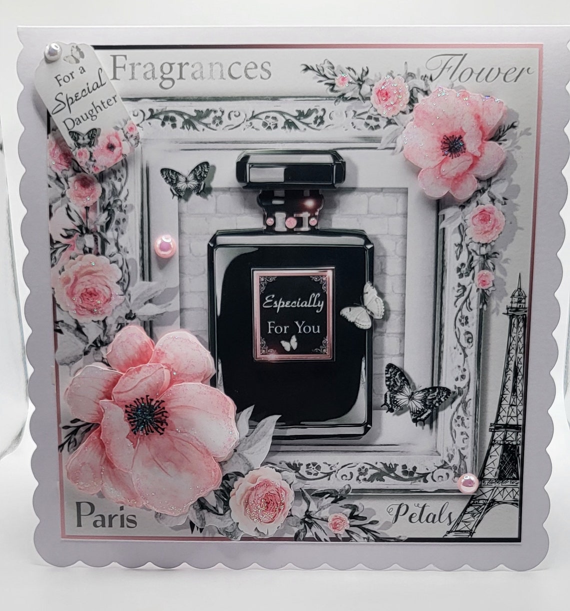 Happy Birthday Card, Elegant Perfume Bottle, Pink Flowers, Glitter ...