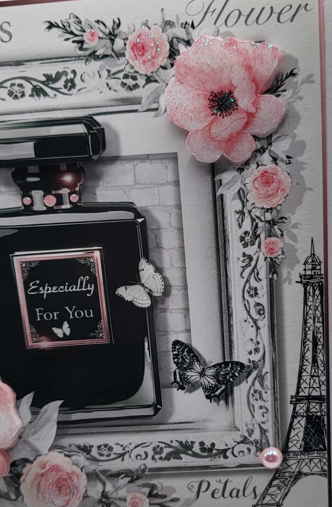 Happy Birthday Card, Elegant Perfume Bottle, Pink Flowers, Glitter ...