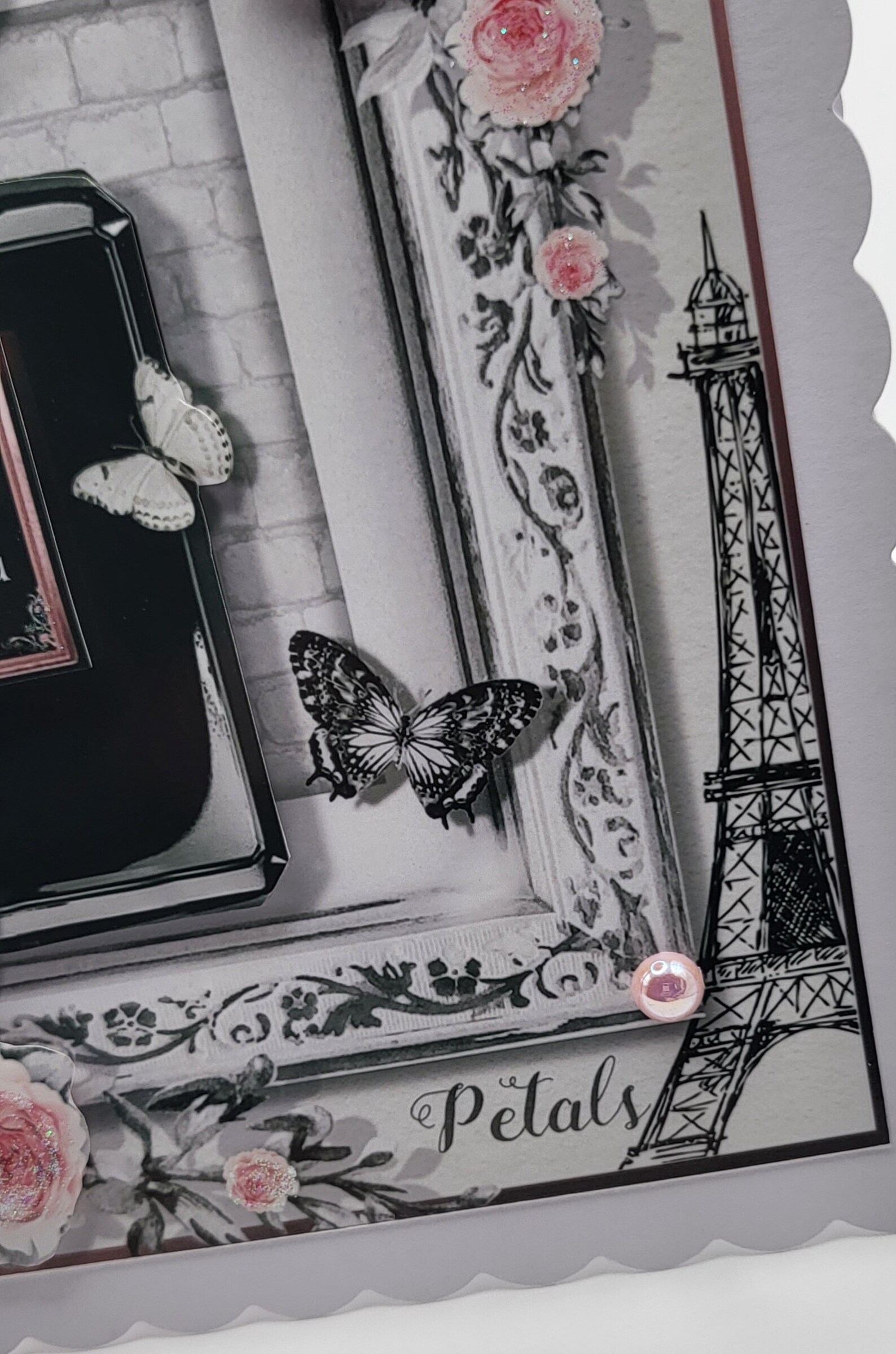 Happy Birthday Card, Elegant Perfume Bottle, Pink Flowers, Glitter ...