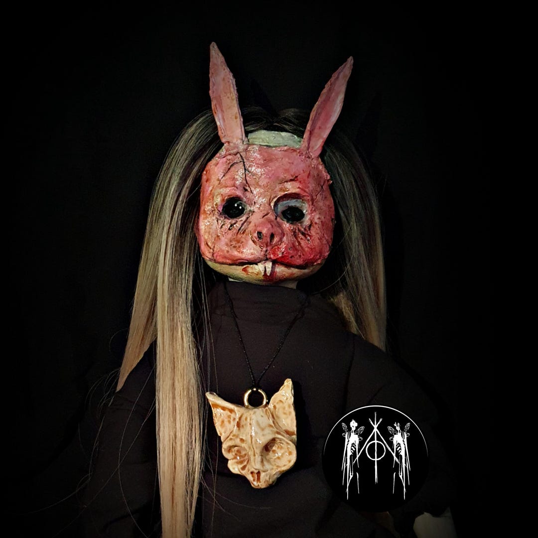 Bunny Mask Horror Porcelain Doll Blonde Hair Black Eyes Halloween ...
