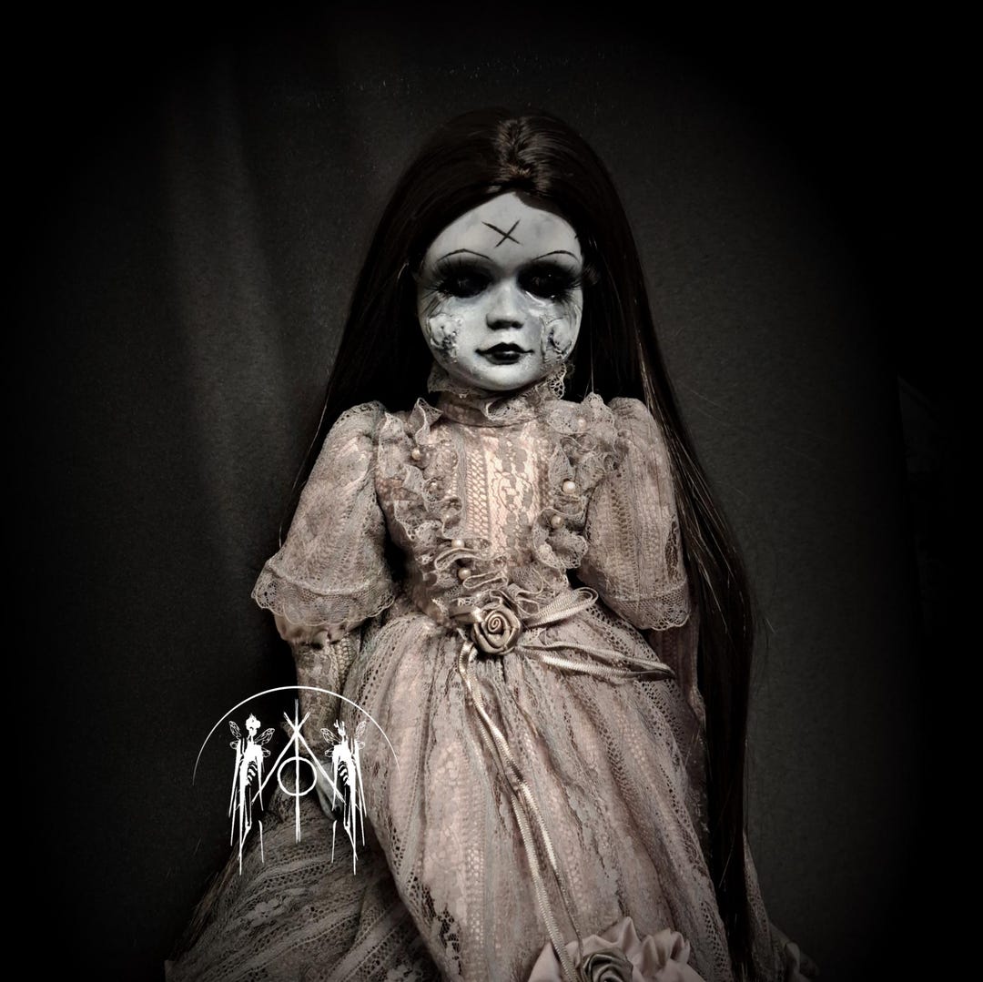 Gothic Horror Porcelain Doll Black Hair Ghost Girl Halloween Witchy ...