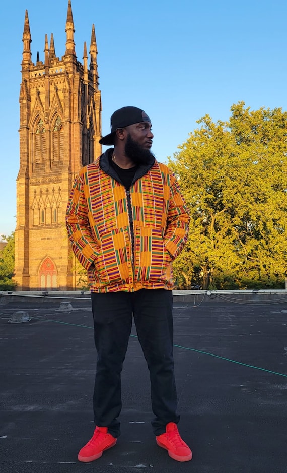 Traditional Kente Cloth Design Hooded Jacket Orange Green | Etsy