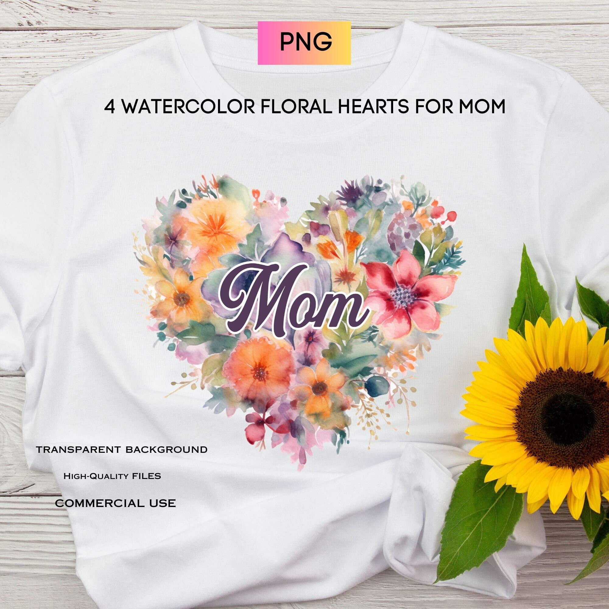 Mom Watercolor Floral Heart PNG, Digital Download, Gift for Her ...
