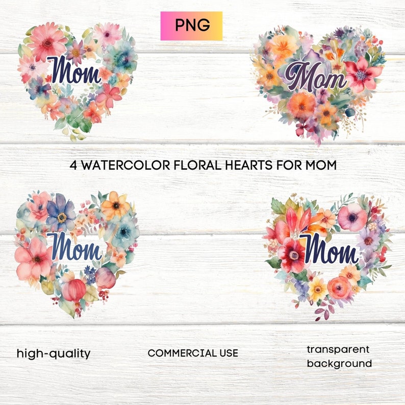 Mom Watercolor Floral Heart PNG, Digital Download, Gift for Her ...