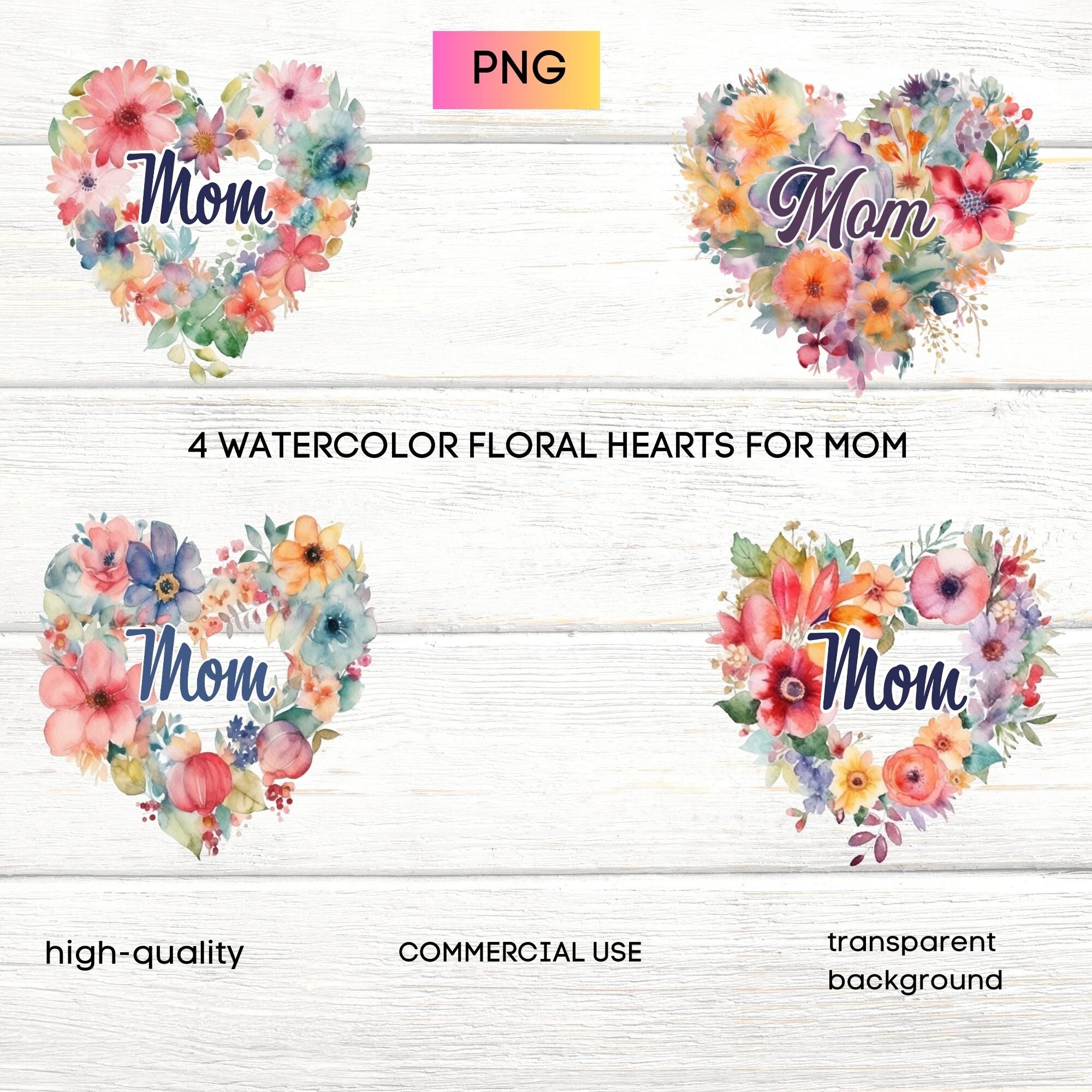 Mom Watercolor Floral Heart PNG, Digital Download, Gift for Her ...