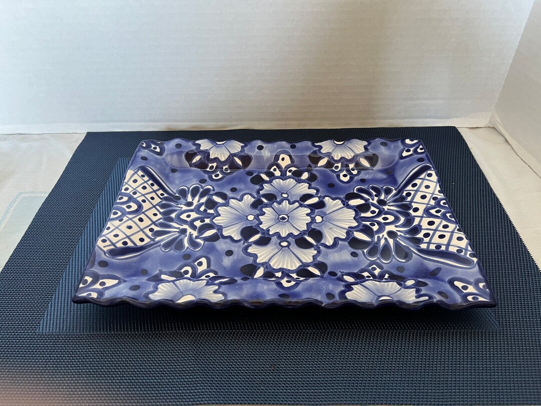 Blue & White Talavera Platter Lead Free Mexico Rectangular Serving ...