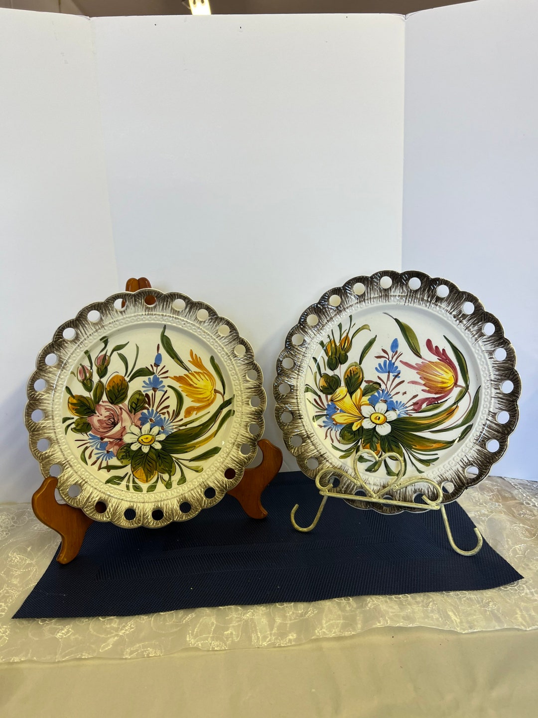 Pair of Bassano Italian Decorative Plates Vintage Handpainted Floral ...
