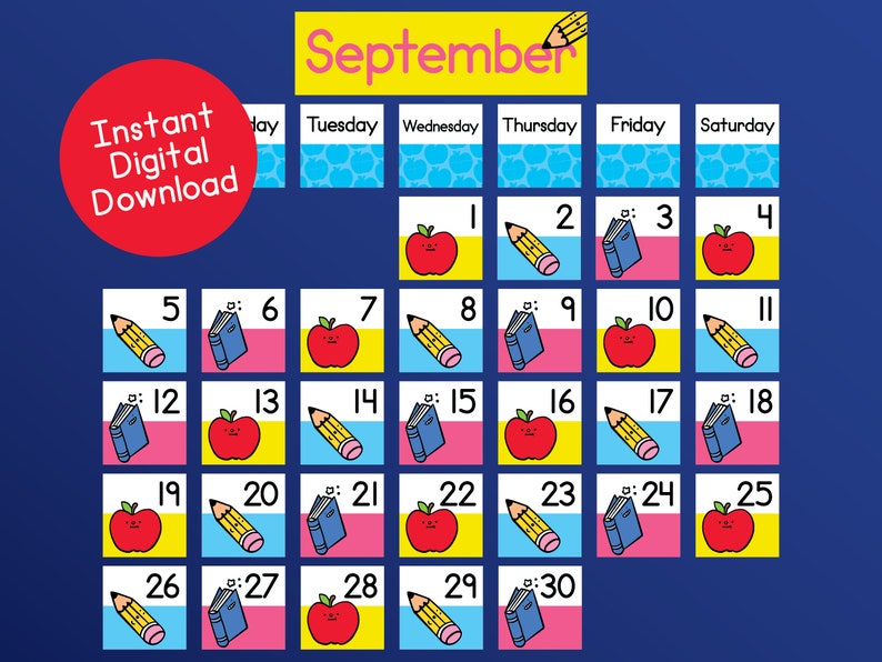 September Calendar Numbers Back to School Supplies Pocket Chart Bundle ...