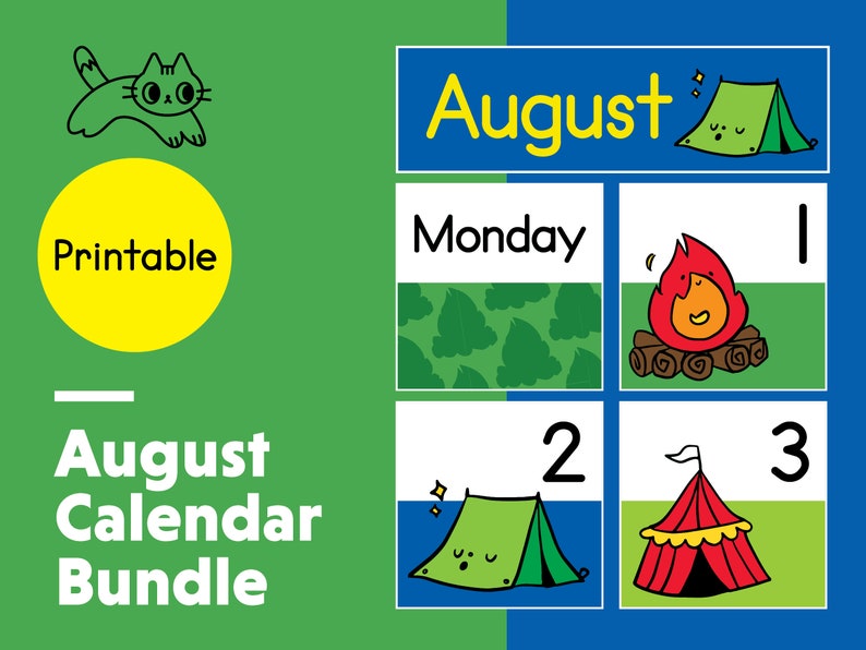 August Summer Calendar Numbers Camping Pocket Chart Bundle Classroom ...
