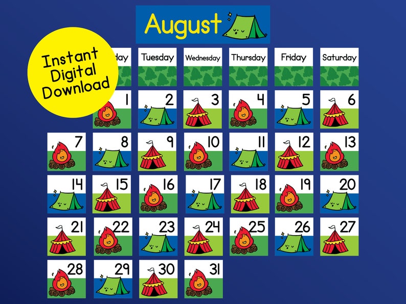 August Summer Calendar Numbers Camping Pocket Chart Bundle Classroom ...