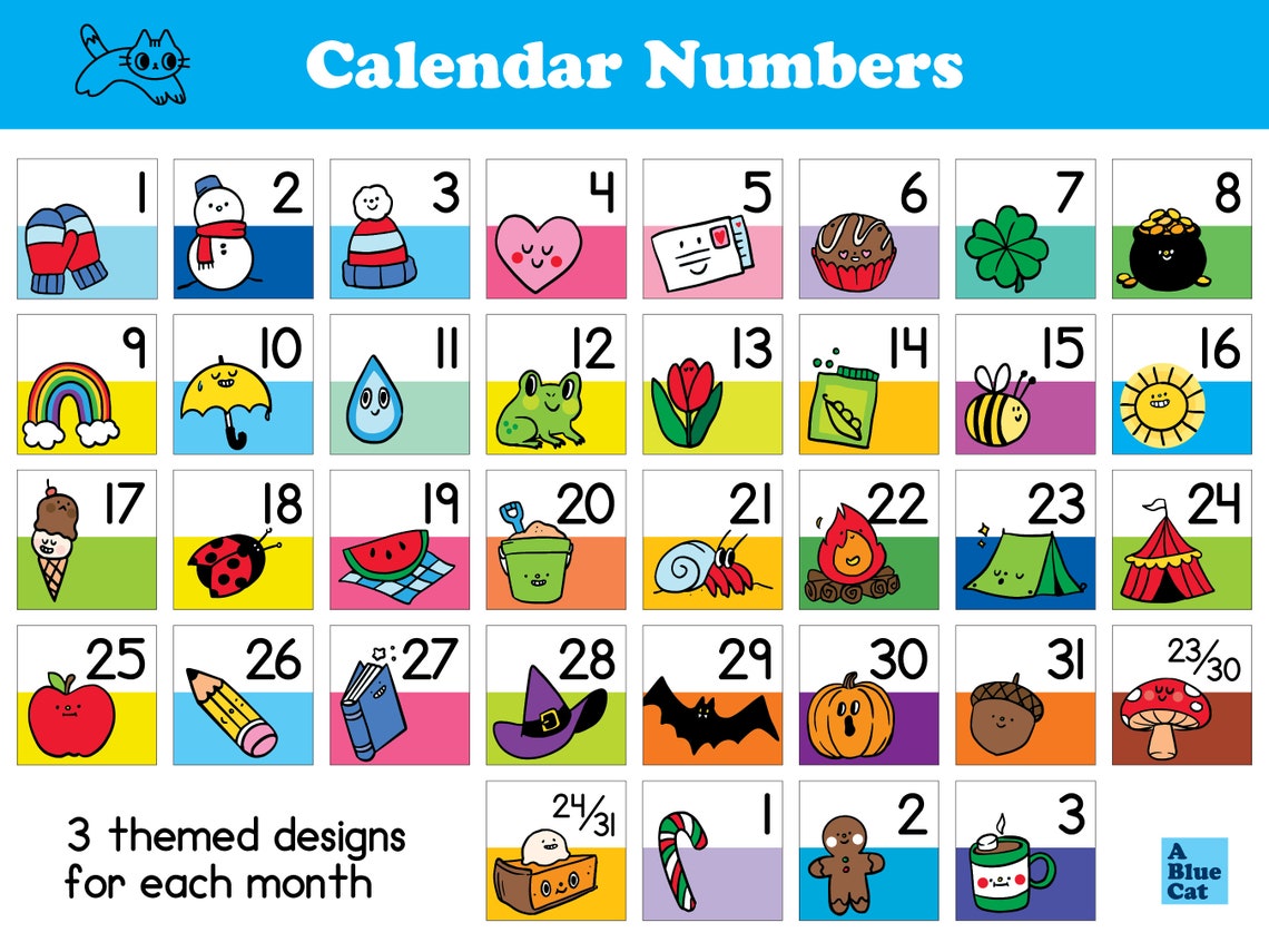 Year-round Calendar Numbers Pocket Chart Bundle Back to School Holidays ...