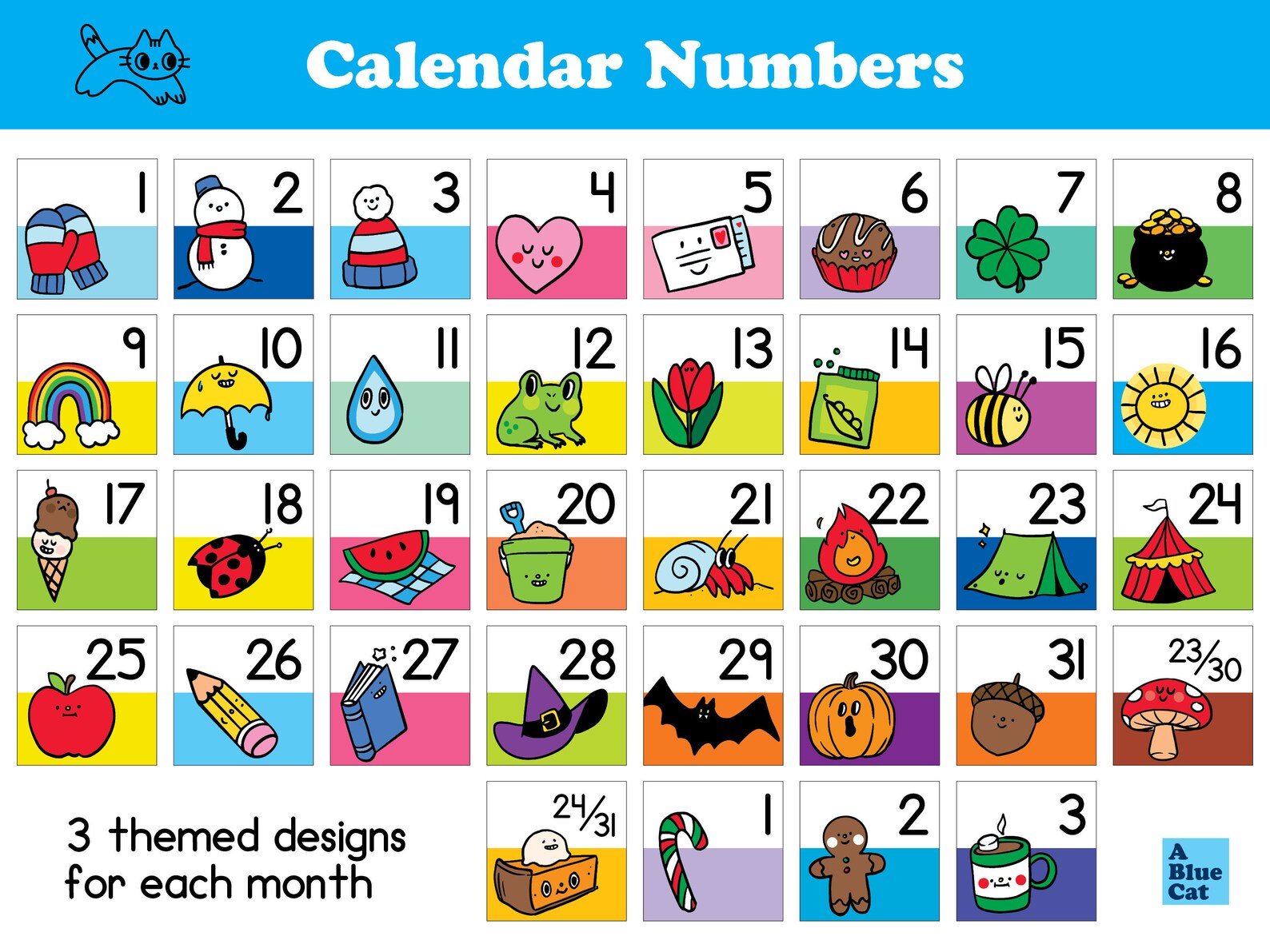 Year-round Calendar Numbers Pocket Chart Bundle Back to School Holidays ...
