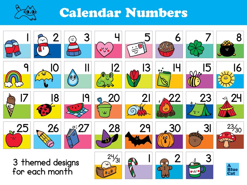 Year-round Calendar Numbers Pocket Chart Bundle Back to School Holidays ...