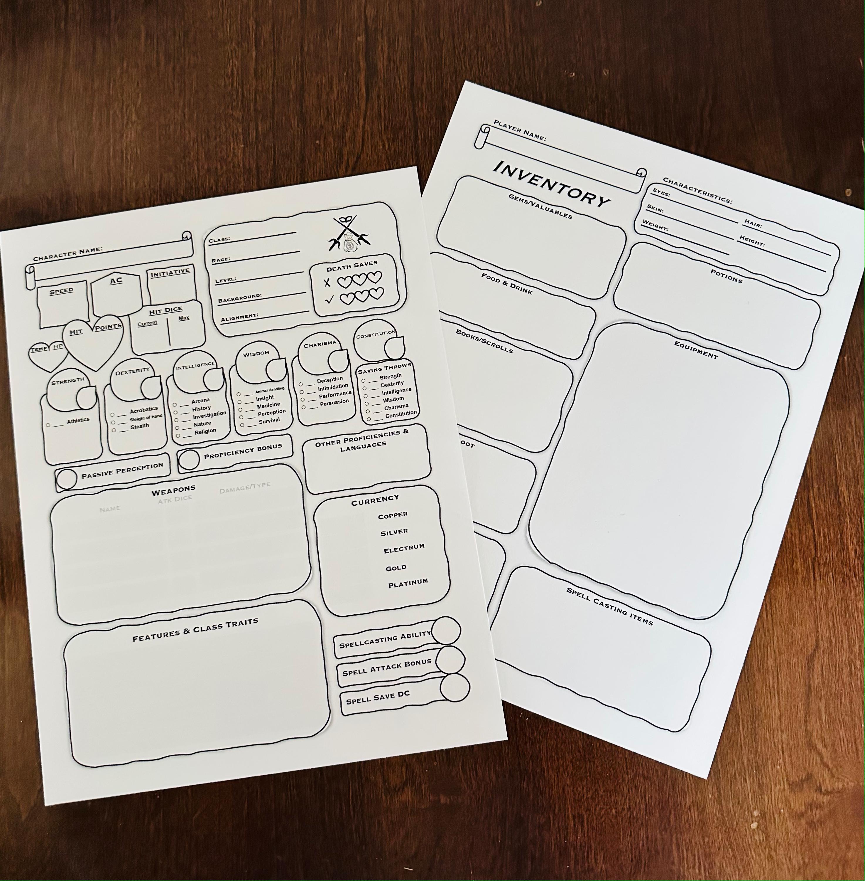 Simple Dnd Class Character Sheets Fighter Monk Paladin Ranger Rogue ...