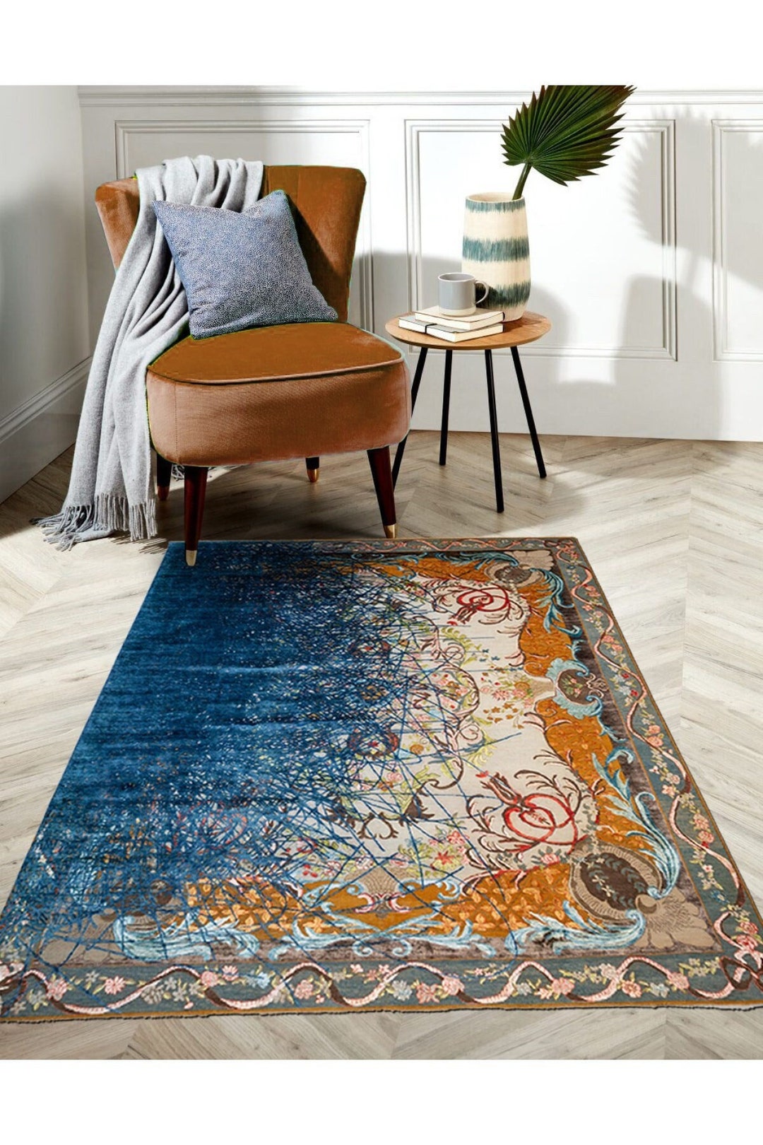 Aesthetic Rug for Bedroom Blue Vintage Carpet Unique Pattern - Etsy