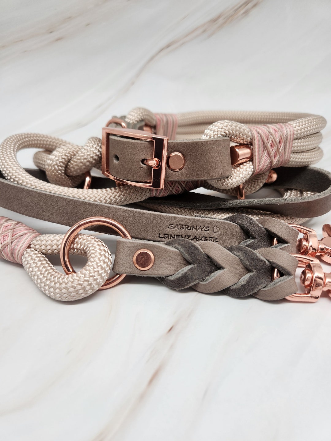 NEW Taupe/leather Combo Pearl & Mud Rose Gold Collar and Leash Set, Dog ...