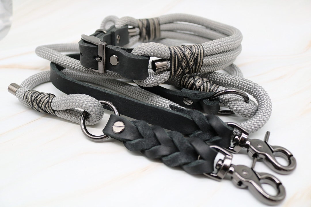 NEW Rope/leather Combo Shiny Silver & Black Gun Collar and Leash Set ...