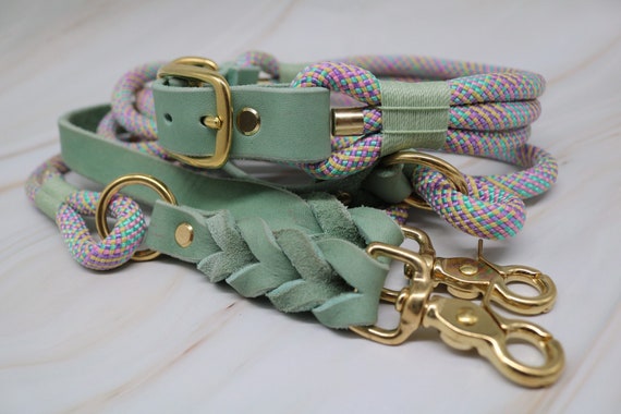 NEW Taupe leather Combo Pastel Swirl Mint Collar and Leash Set Dog Leash Dog Collars Leashes Collar Dog Accessories Grease Leather Etsy UK
