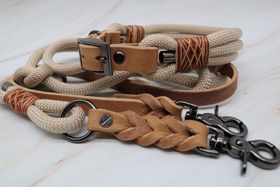 NEW Rope/leather Combination Café Latte & Camel Gun Collar and Leash ...